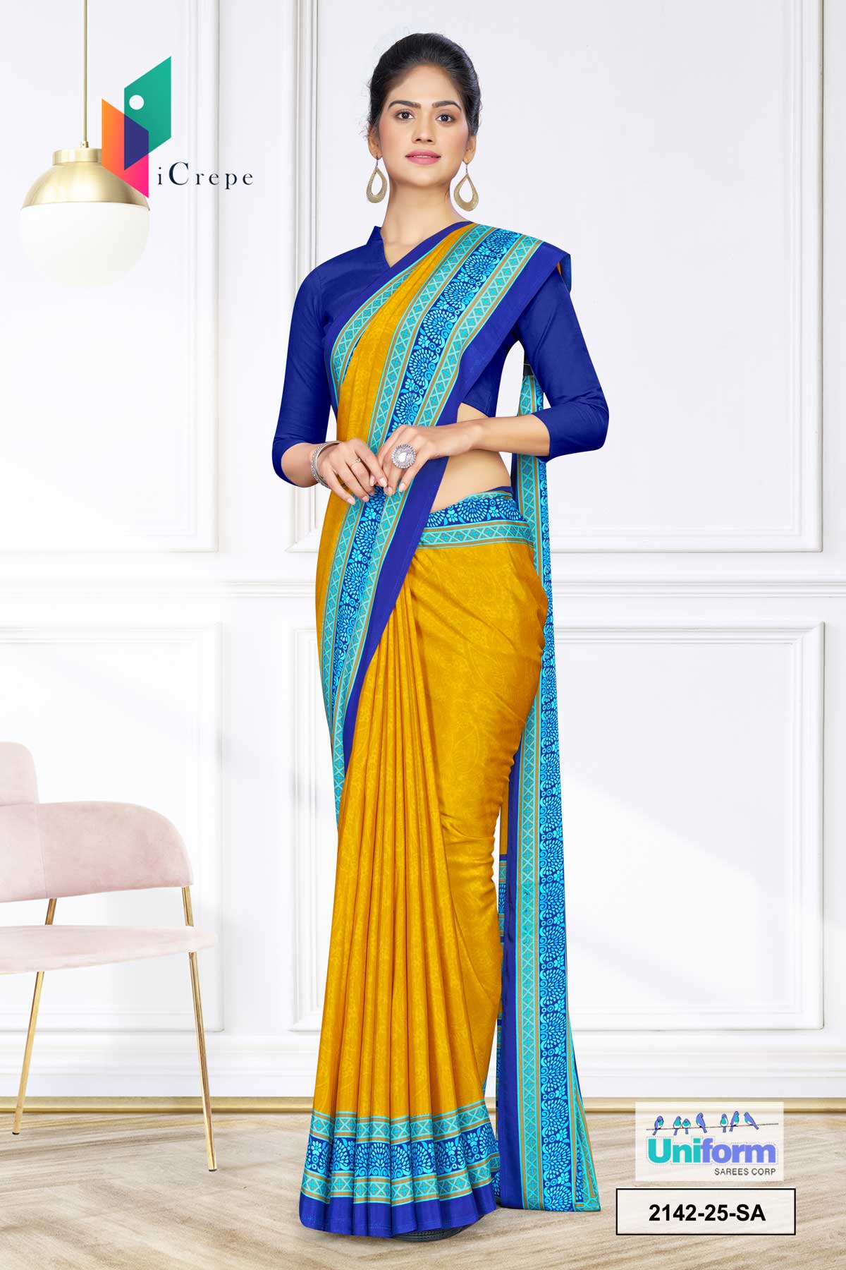 Blue and Yellow Women Italian Crepe Air Hostess Uniform Saree with ...