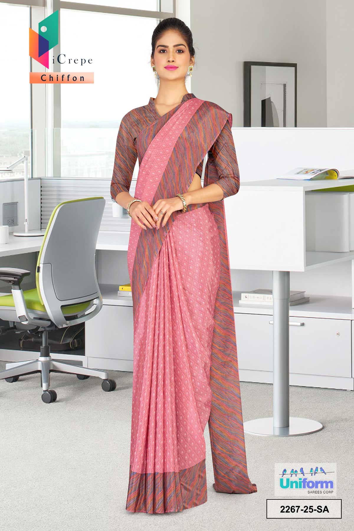 Dusty Rose Silk Chiffon Front Office Uniform Saree with Blouse ...